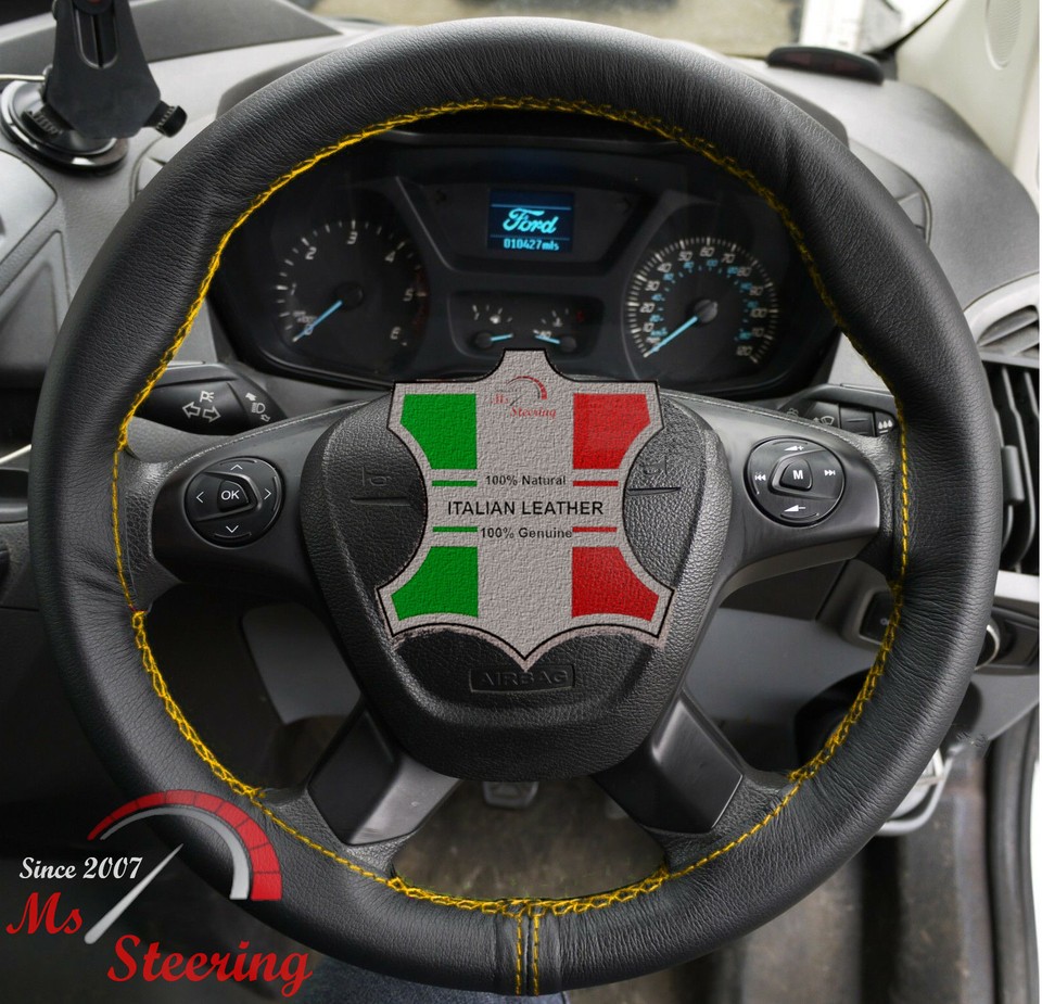 REAL LEATHER STEERING WHEEL COVER, YELLOW THREAD, NEEDLE, FITTING INSTR ...