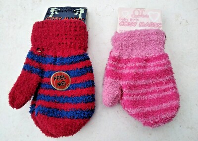 INFANT BABY FLUFFY KNIT MITTENS KNITTED STRIPE BOY RED & BLUE GIRL PINK ...