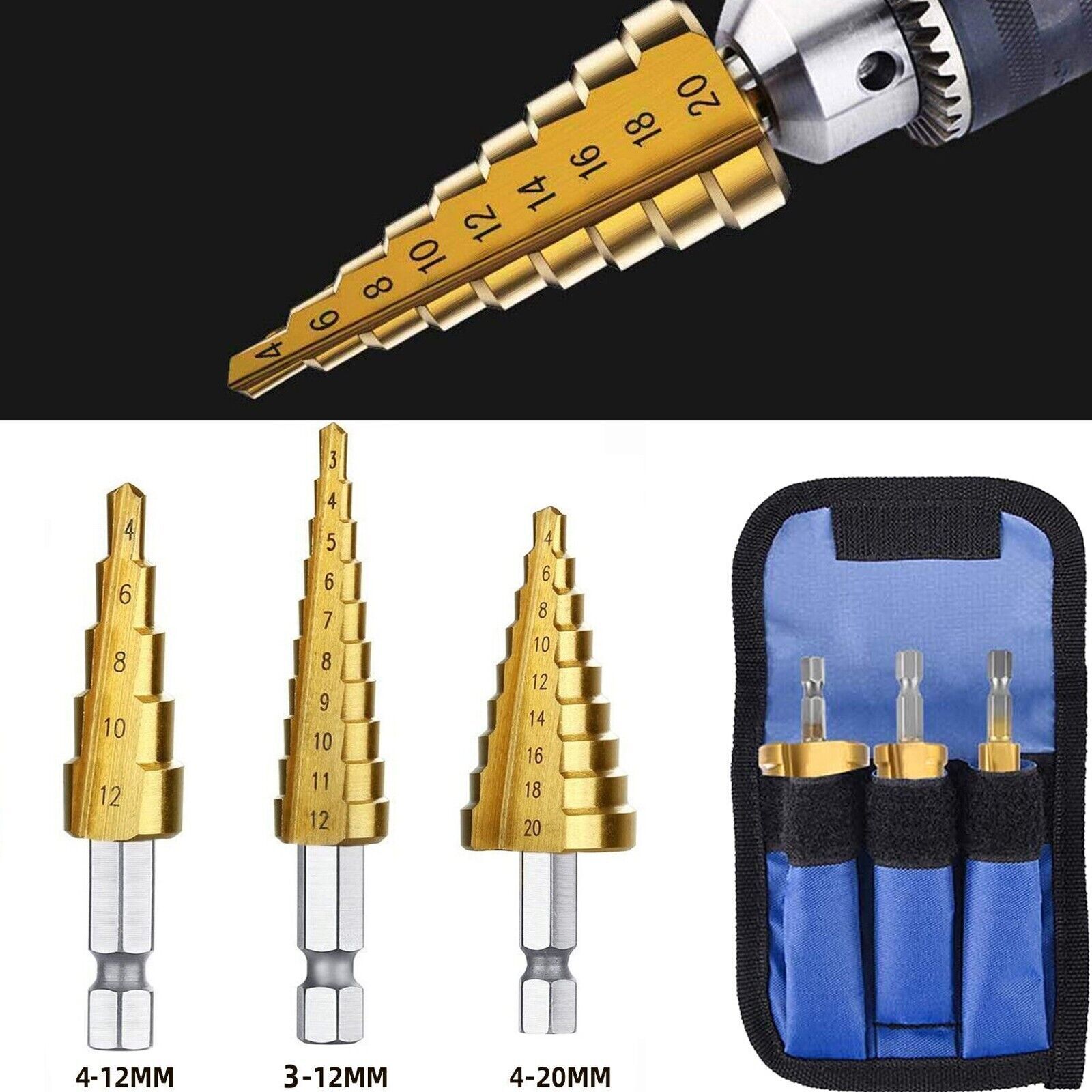 3pcs Step Cone Drill Bit Set HSS Steel Titanium Coated Hex Shank Hole ...