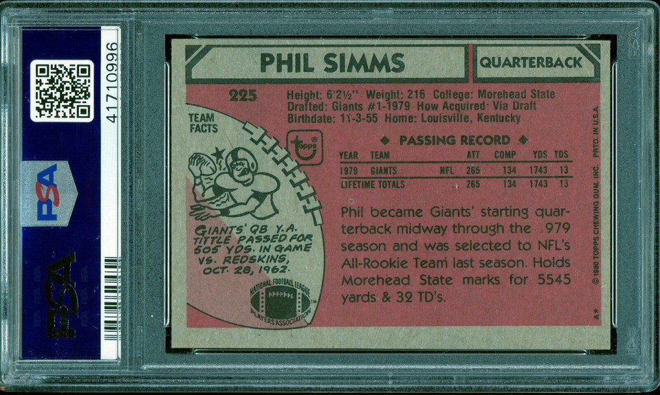1980 Topps Football Phil Simms ROOKIE #225. PSA 6 Ex- MINT. New York ...