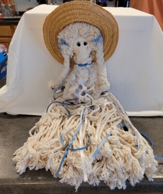 Vintage Mop Doll Straw Hat 26” Braids, Blue Bows Flowers 90's Folk Art ...