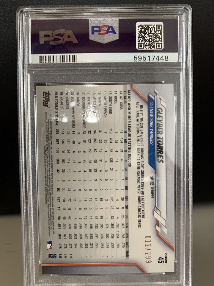 2020 Topps Chrome Purple Refractor /299 Gleyber Torres #45 PSA 10 GEM ...