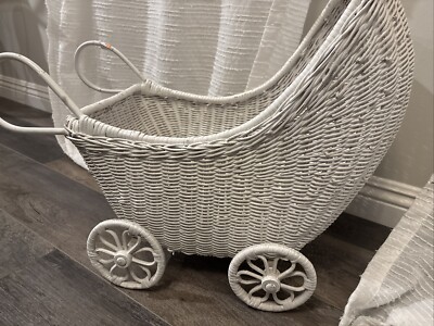 White Wicker Doll Stroller Buggy Pram Antique Ratan With Moving Wheels ...