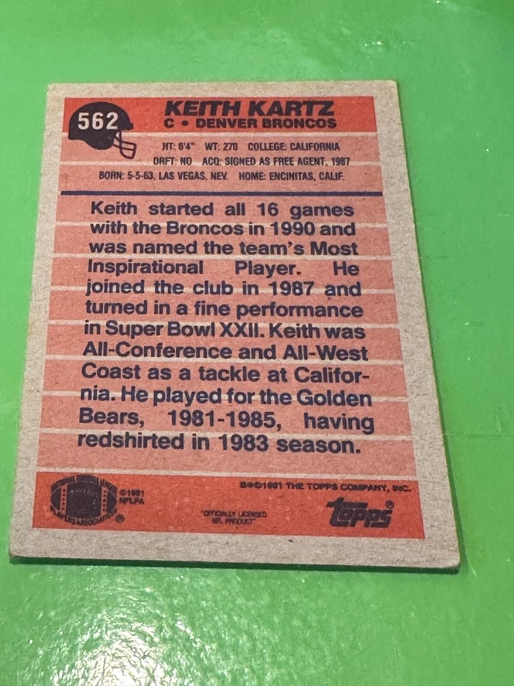 1991 Topps - # 562 Keith Kartz Denver Broncos Center. NFL | eBay