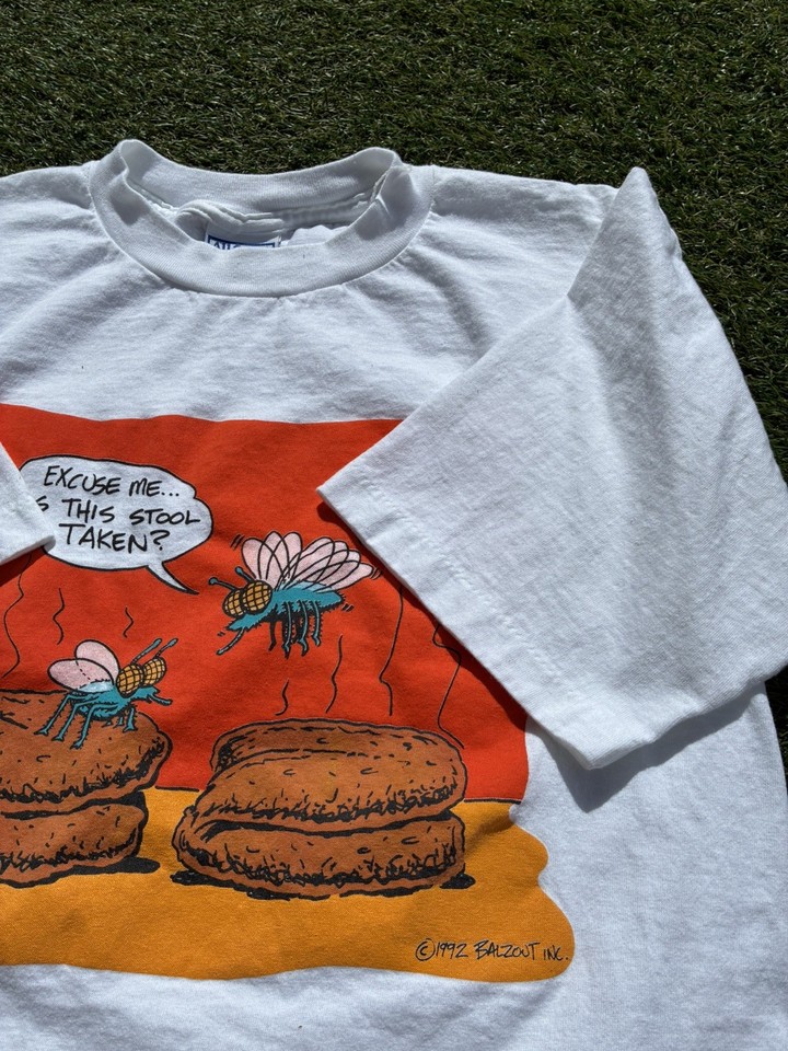 RARE Vintage 1992 Fly Stool Funny Graphic Made in USA L White Brown ...