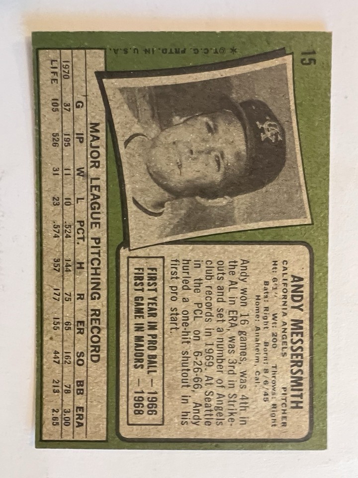 1971 Topps #15 - CALIFORNIA ANGELS RHP ANDY MESSERSMITH ExMT 71137 | eBay