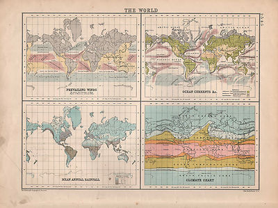 1901 VICTORIAN MAP ~ THE WORLD ~ PREVAILING WINDS OCEAN CURRENTS ANNUAL ...