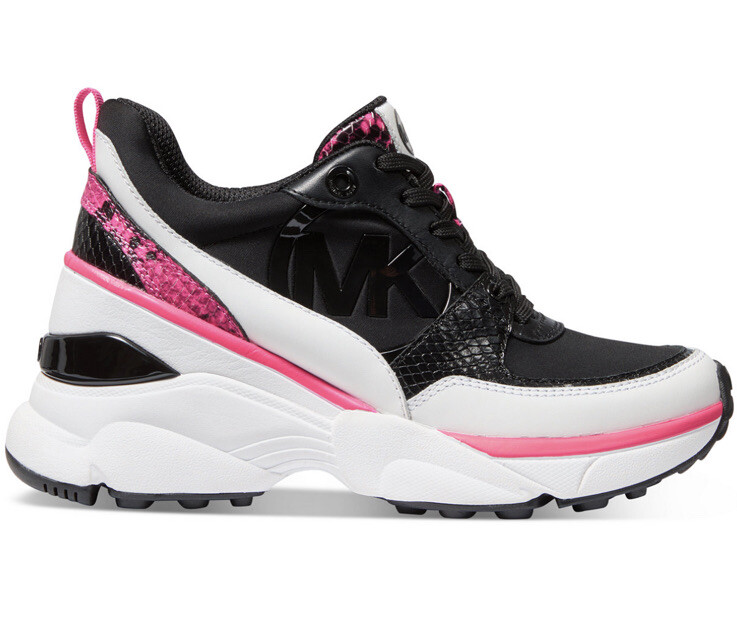 New Michael Kors Mickey trainer Sneakers black multi pink wedge lace up ...