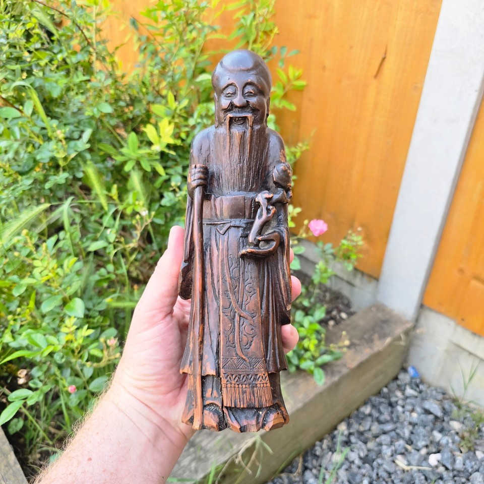 Chinese Antique Carved Wood Bamboo Figure of Shoulao 18th /19th century ...