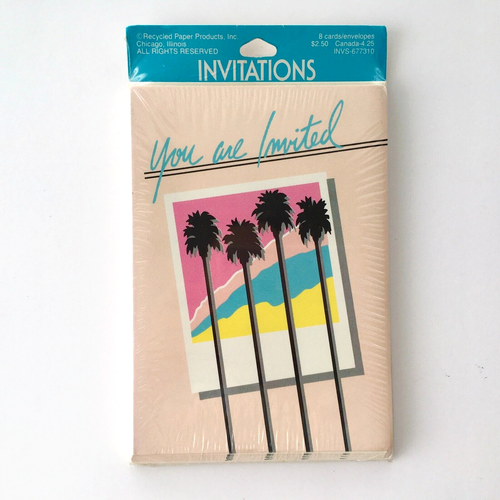 16 Vintage Invitations Cards Pink Palm Trees Pastel 80s Beach Summer ...