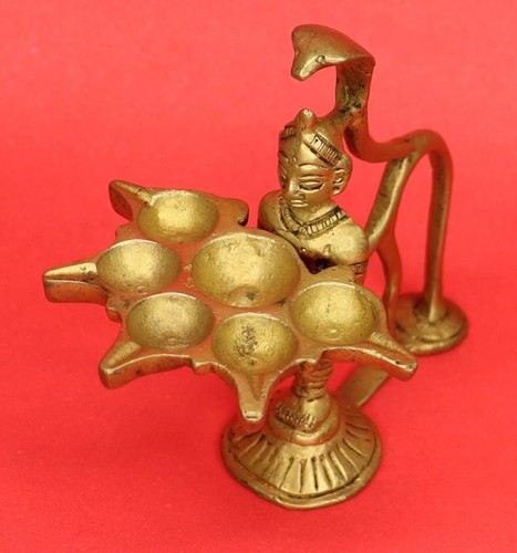 Five Wick Oil Lamp Puja Deepam Diya Handmade Brass Deepak Deeva Home ...