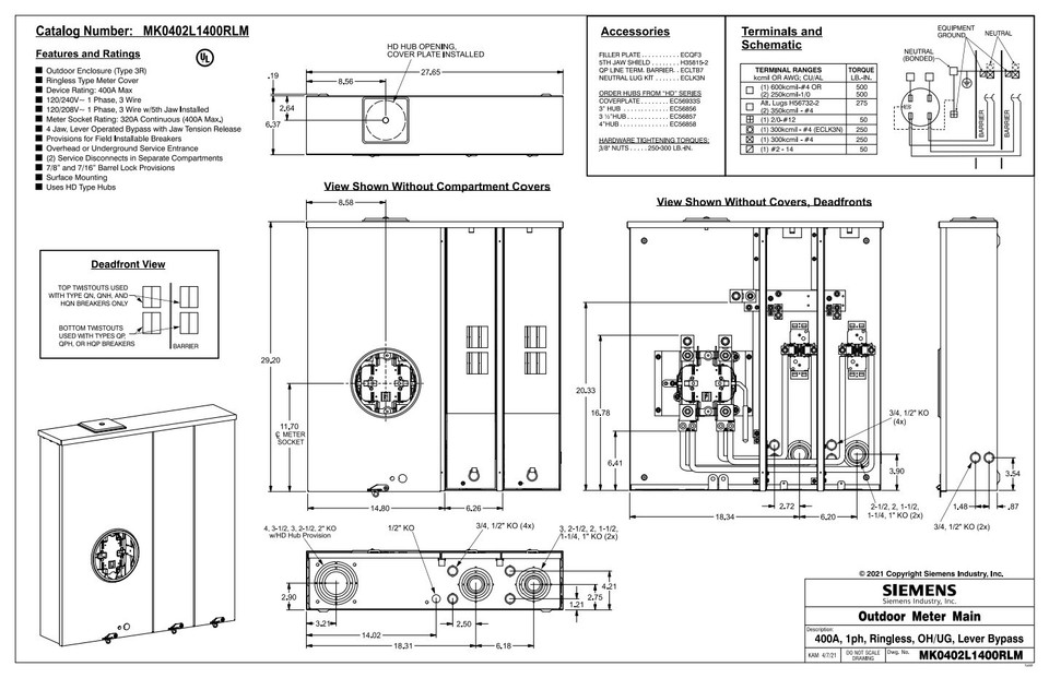 Siemens 400 amp meter main 1PH. MK0402L1400RLM. Includes 2, 200 amp ...