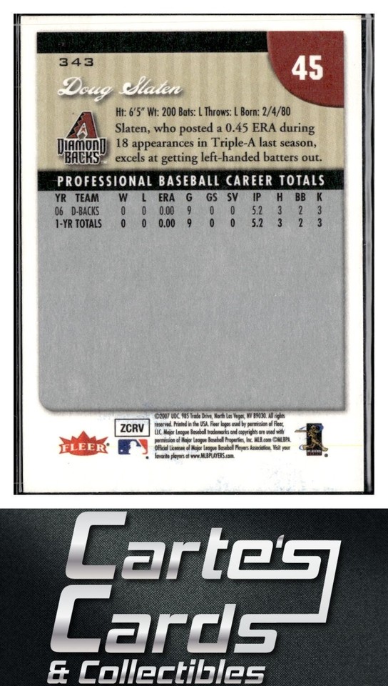 Doug Slaten 2007 Fleer #343 Arizona Diamondbacks TTM/IP Signed ...