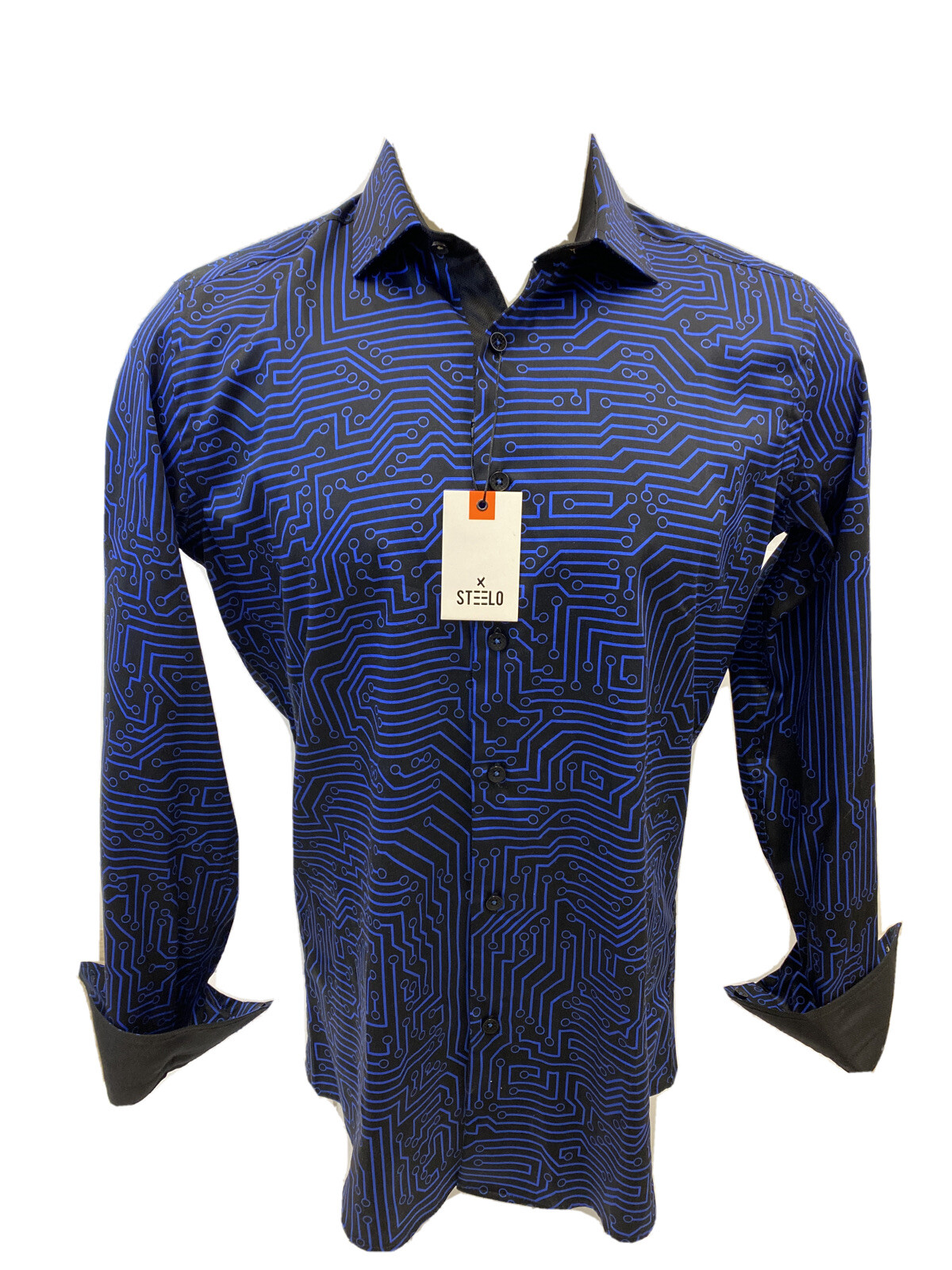 Men STEELO By ENVY Long Sleeve Button Up Dress Shirt BLUE SILKY SKULL ...