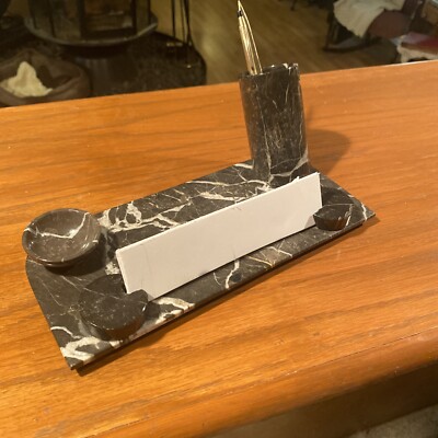 Vtg Black marble Desk name plate pen holder stand Handcarved | eBay