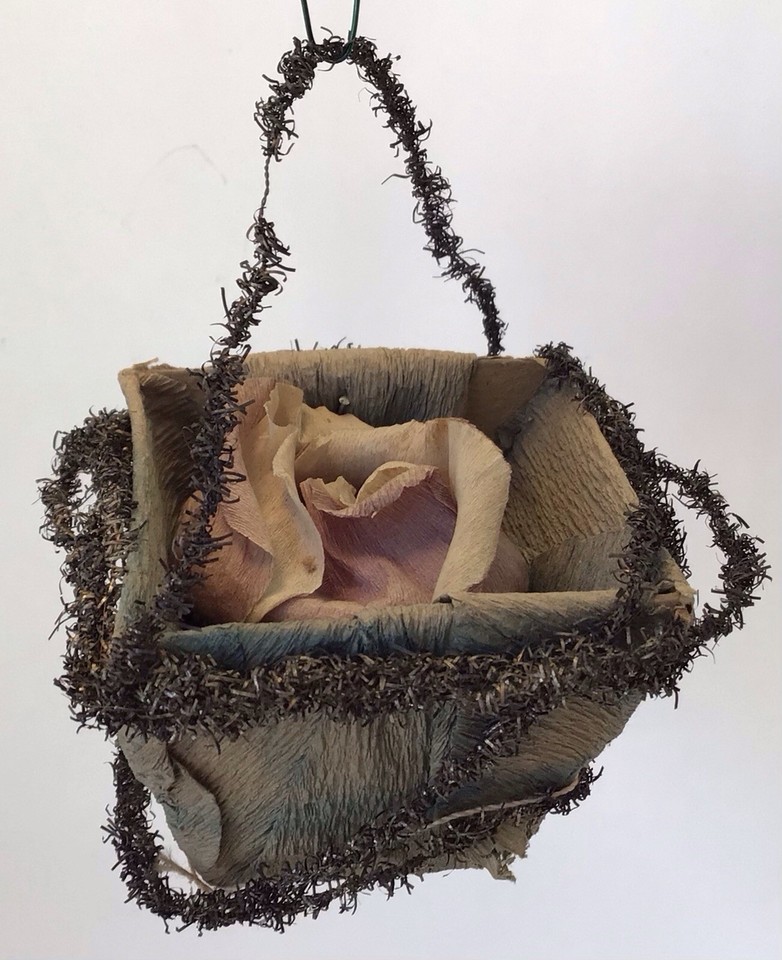 Antique Tinsel & Crepe Paper Basket With Rose Christmas Tree Ornament ...