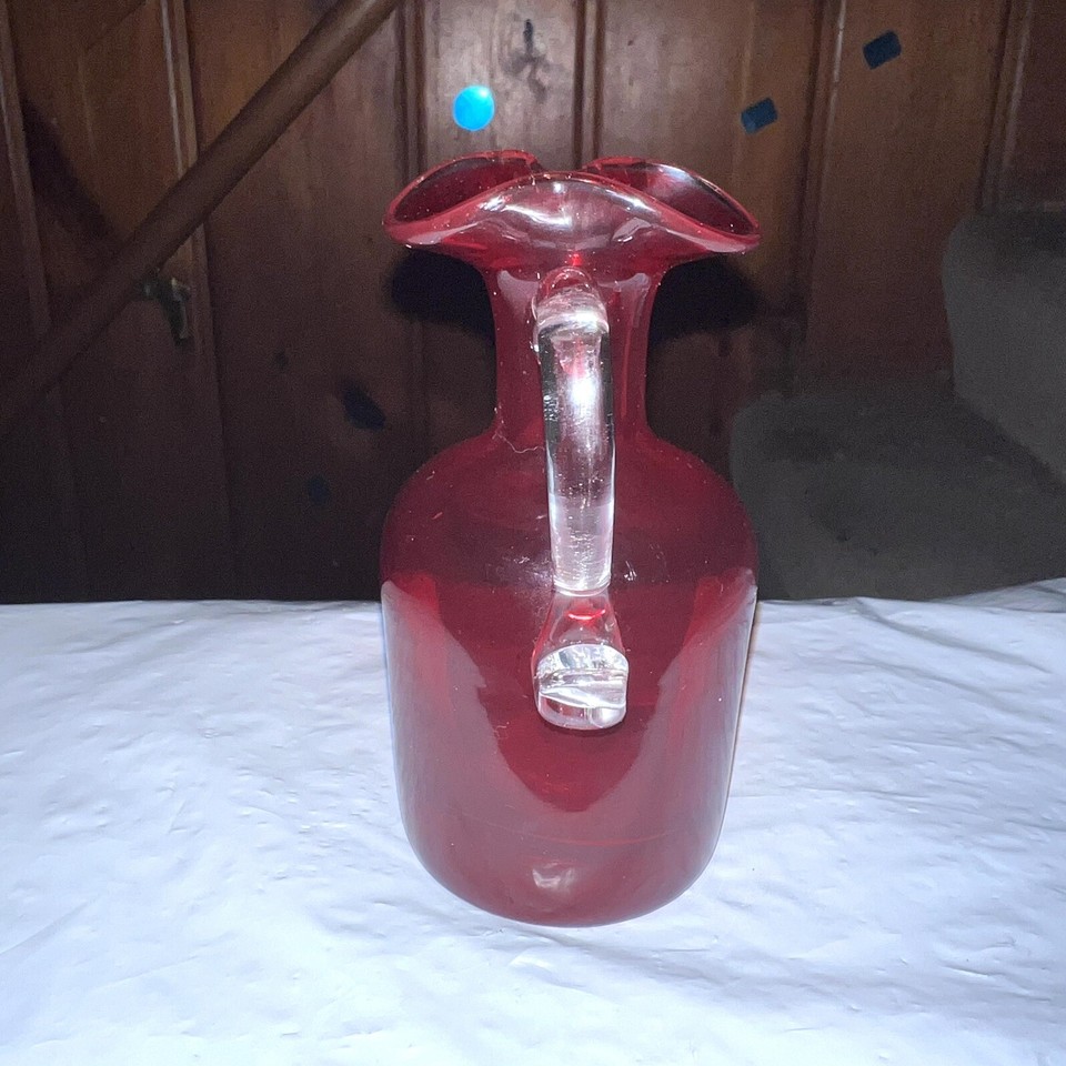 Viking Rainbow Art Glass Pitcher 5” Cruet Pinched Spout Ruby Red Foil ...