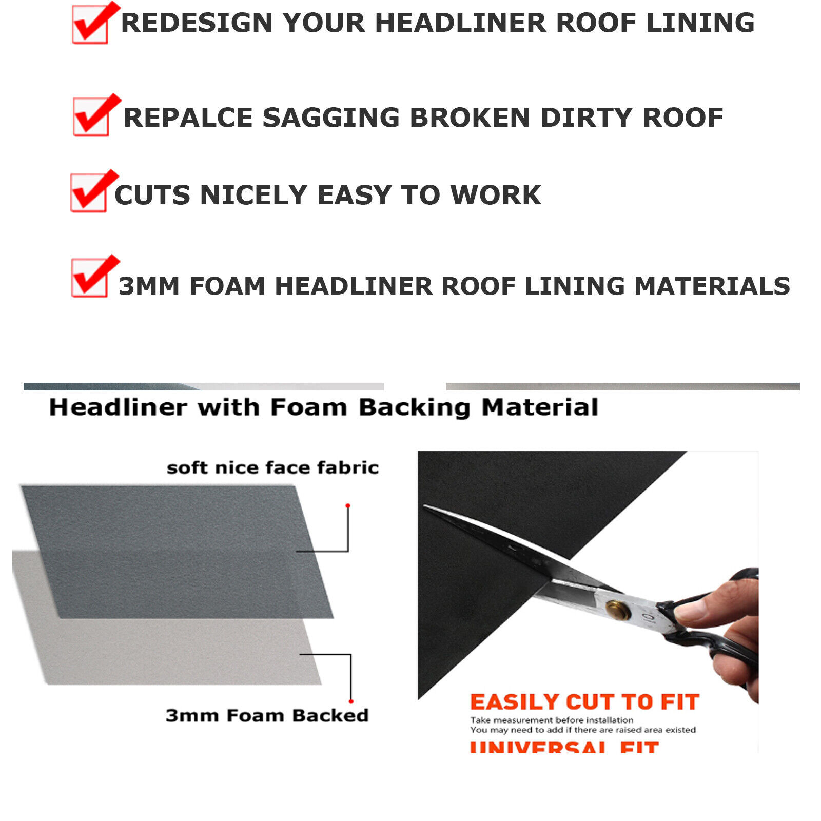 Headliner Upholstery Fabric Foam Backed Roof Lining Material Hood Trunk ...