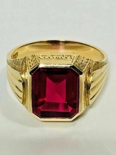3Ct Emerald Cut Lab Created Red Ruby Men's Band Ring 14K Yellow Gold ...