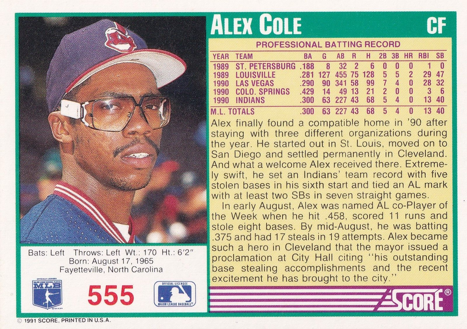 1991 Score #555 Alex Cole MLB Cleveland Indians + (Yes 3 Free Mystery ...