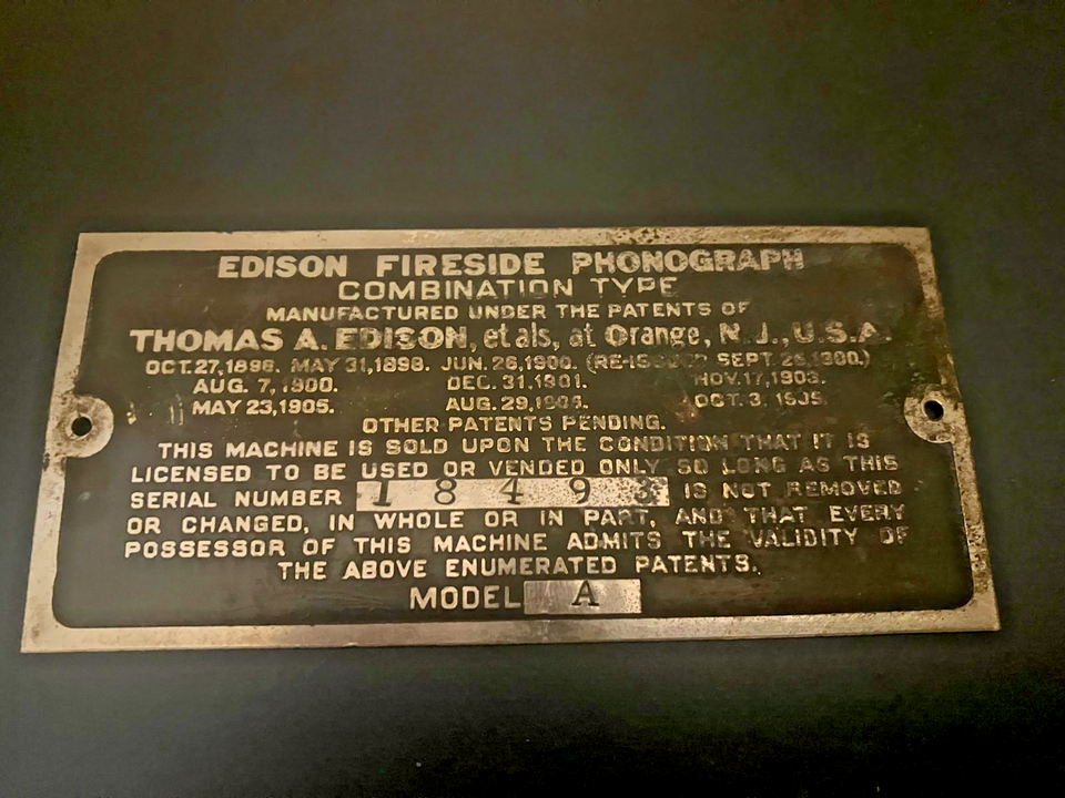EDISON FIRESIDE CYLINDER PHONOGRAPH ID TAG PARTS | eBay
