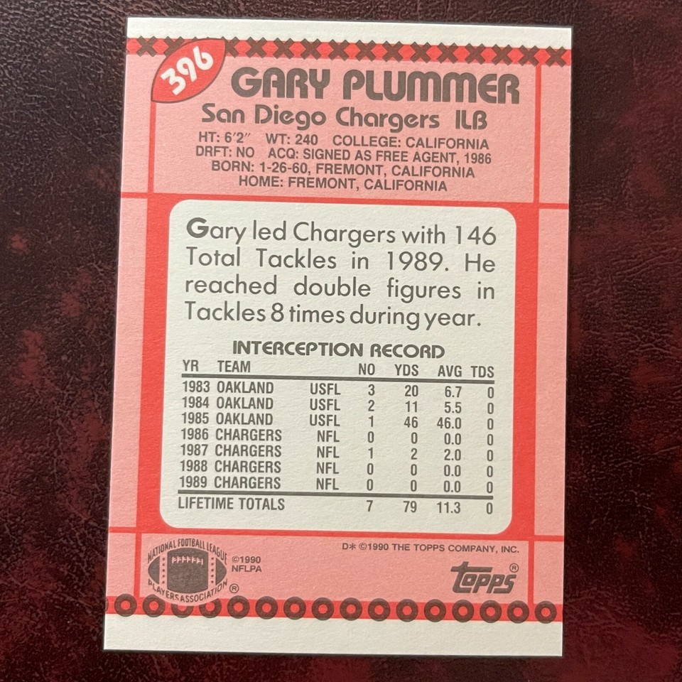 1990 Topps TIFFANY Set GARY PLUMMER #396 CHARGERS ** MINT ** HIGH GRADE ...