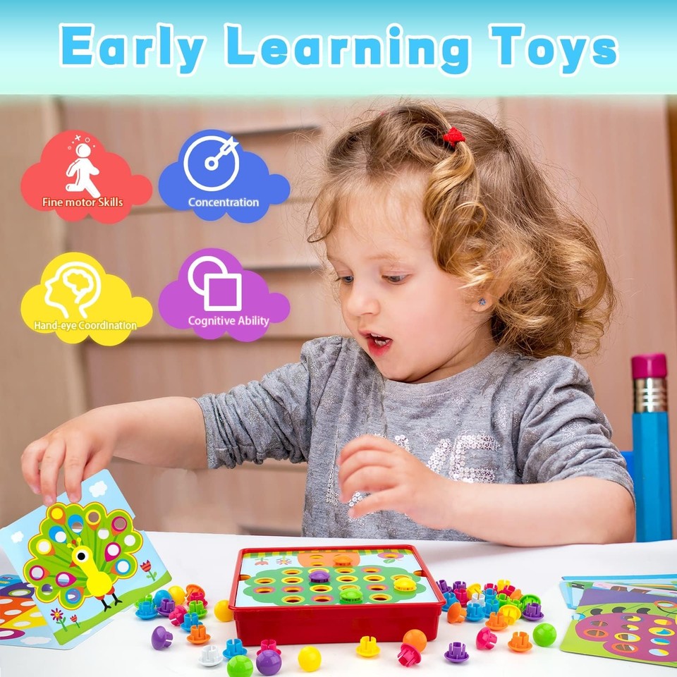 AluAbi Button Art Toys for Toddlers, Color Matching Mosaic Pegboard for ...