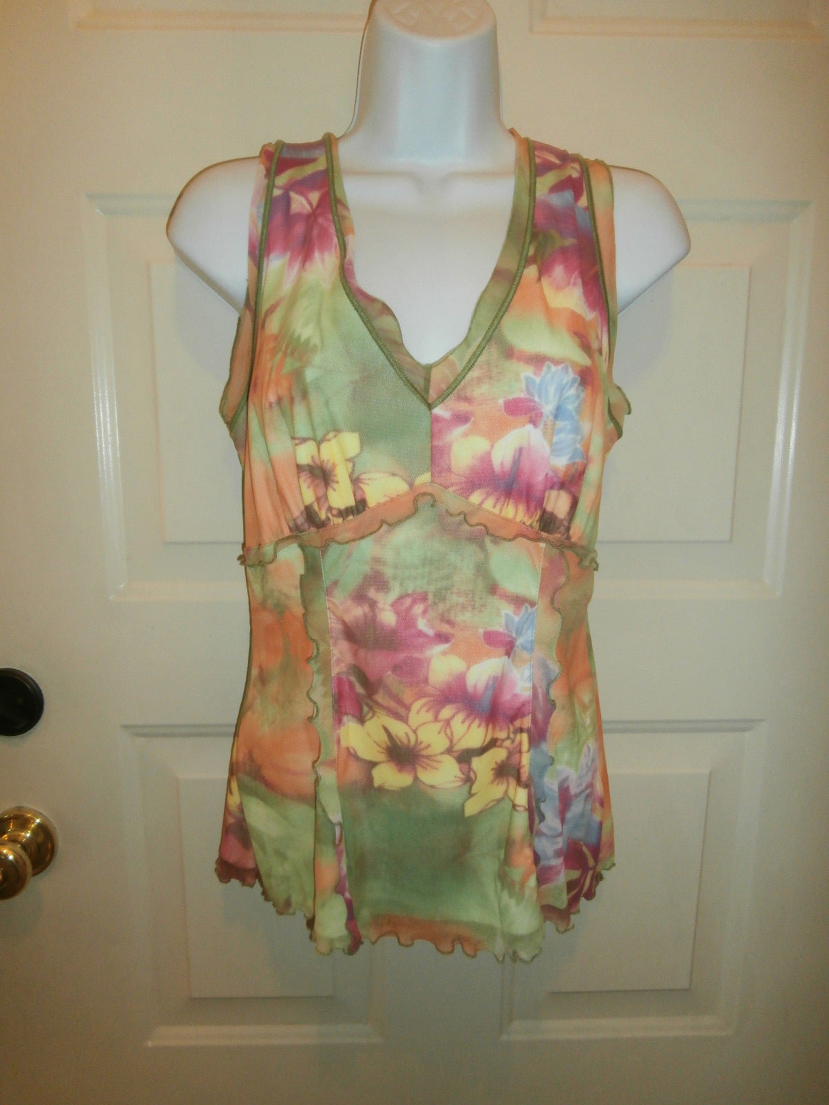 NEW NWT Papillon Blanc FLORAL Print Top LARGE $69 ELASTINE RUFFLES ...