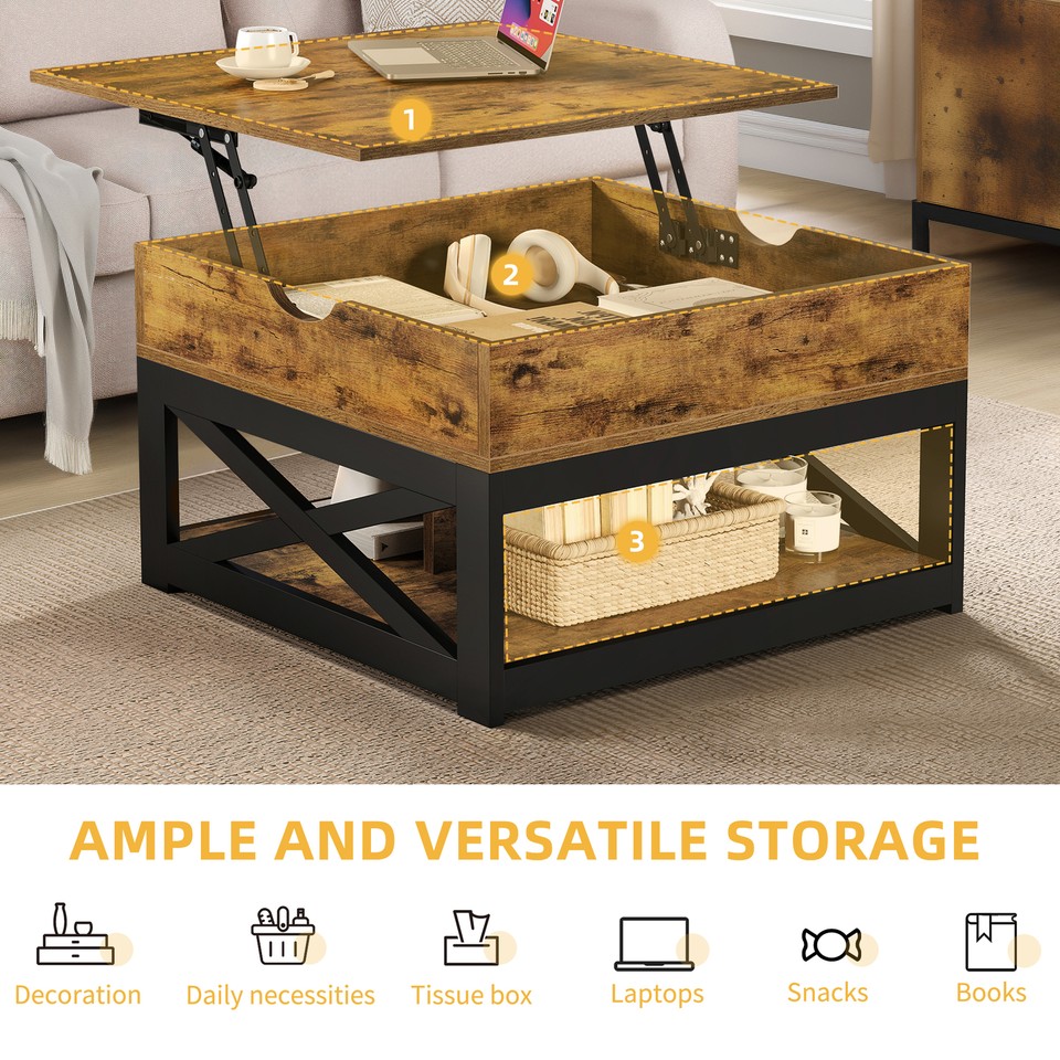 Square Lift Top Coffee Table with Storage Rustic Wood Center Table ...