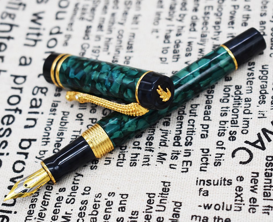 Crocodile Green Marble Celluloid Fountain Pen 22KGP Medium Nib ...