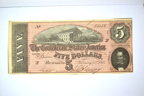 T69 Confederate $5 Note- February 17, 1864- Crisp AU/BU with great ...