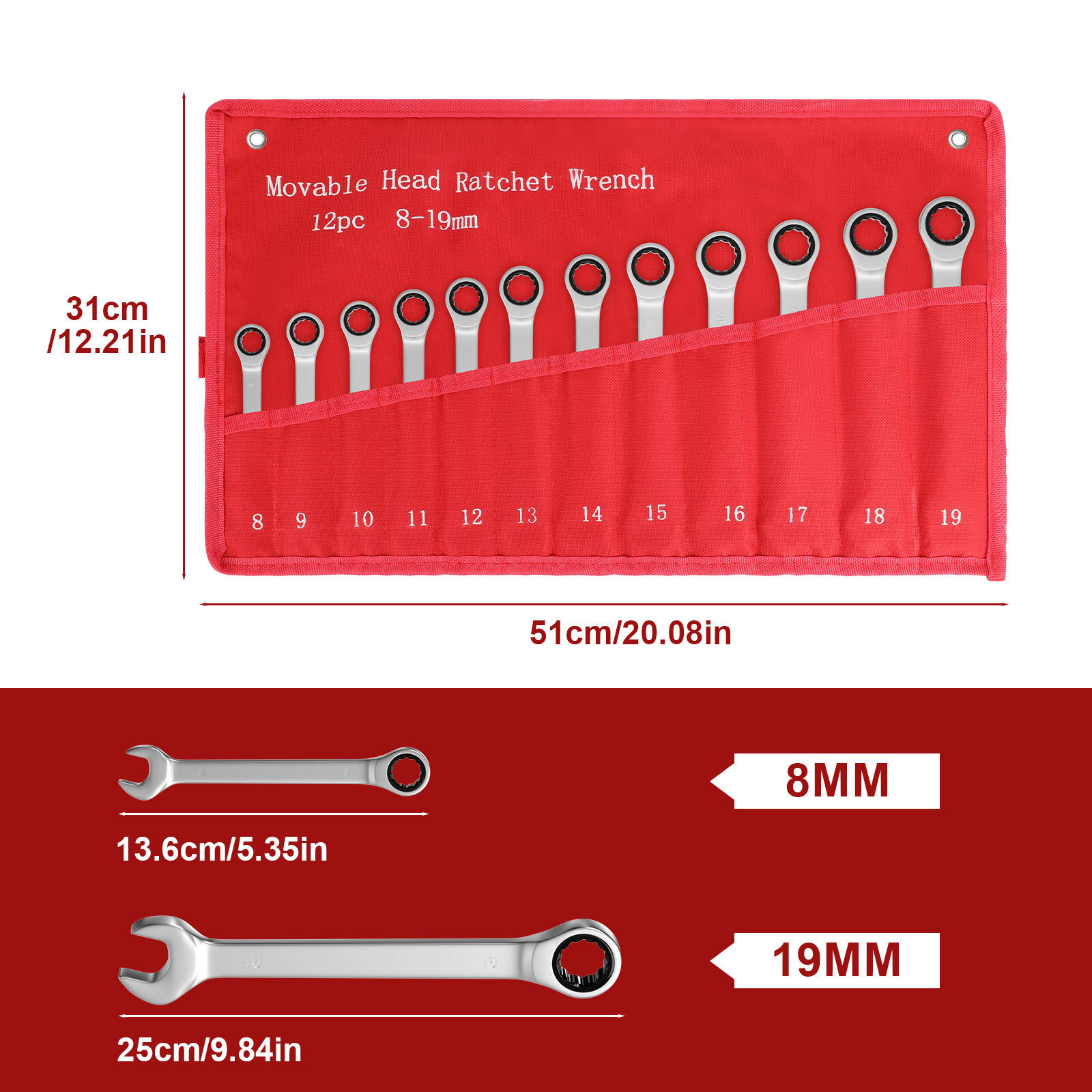 12Pc 8-19mm Metric Fixed Head Ratcheting Wrench Combination Spanner ...