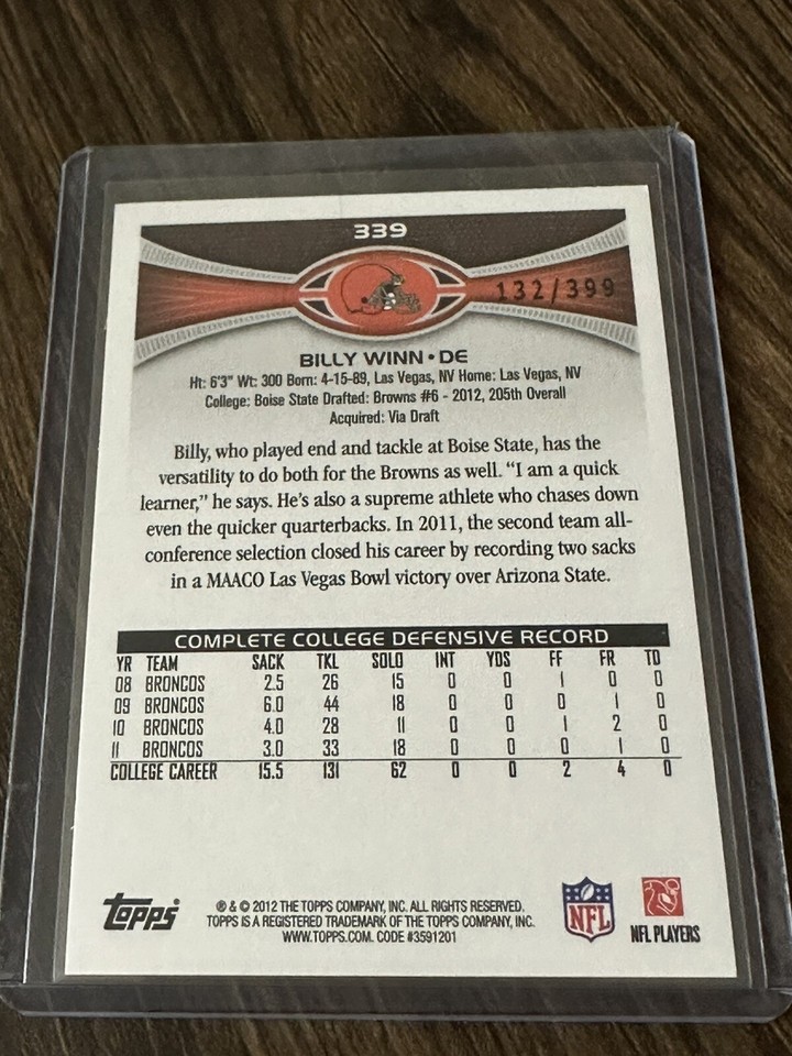 2012 Topps Billy Winn Pink Numbered 132/399 | eBay