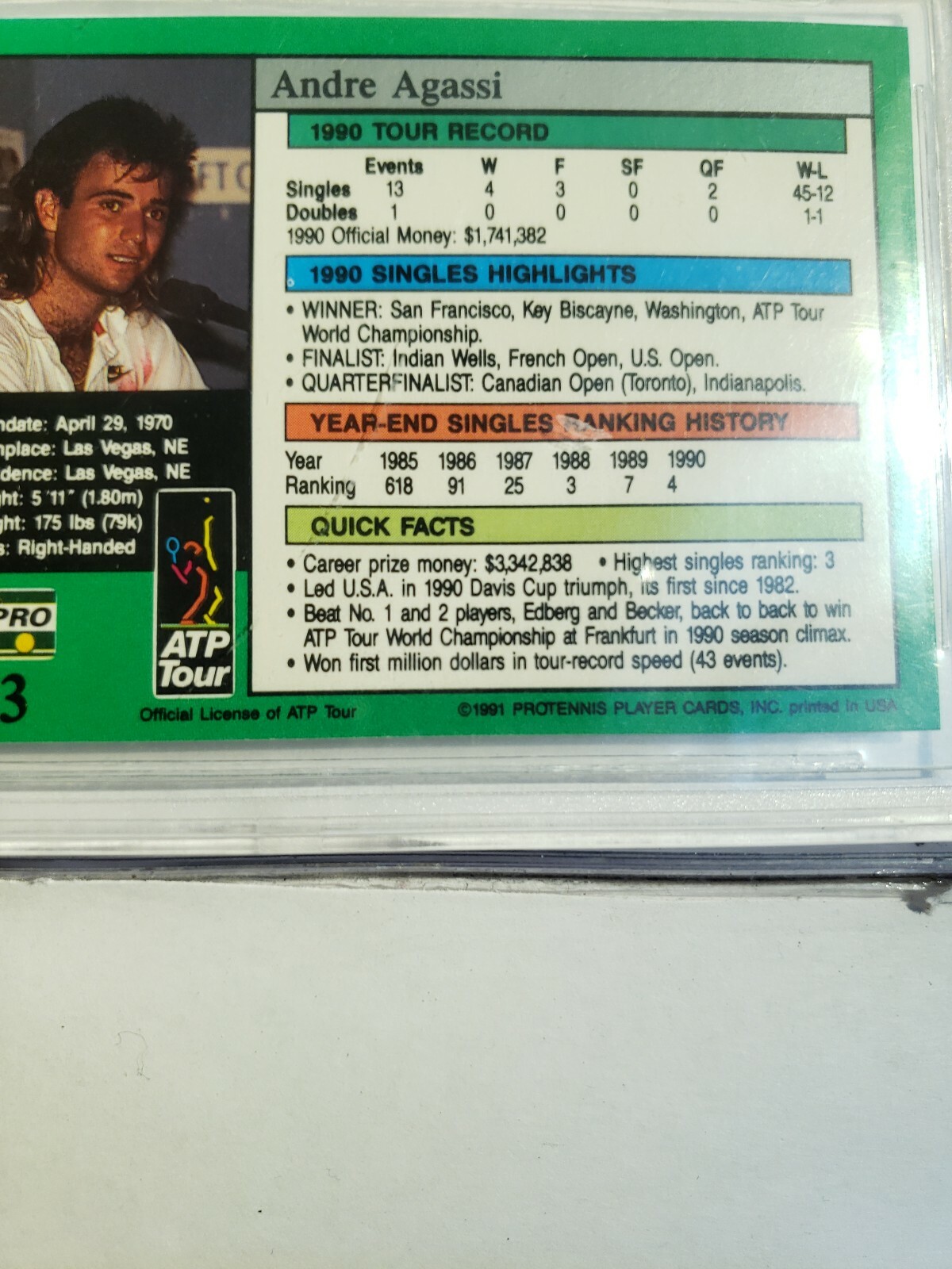 RARE 1991 Netpro ANDRE AGASSI Rookie Tennis Card BVG 9 Mint RC$ #3 ...