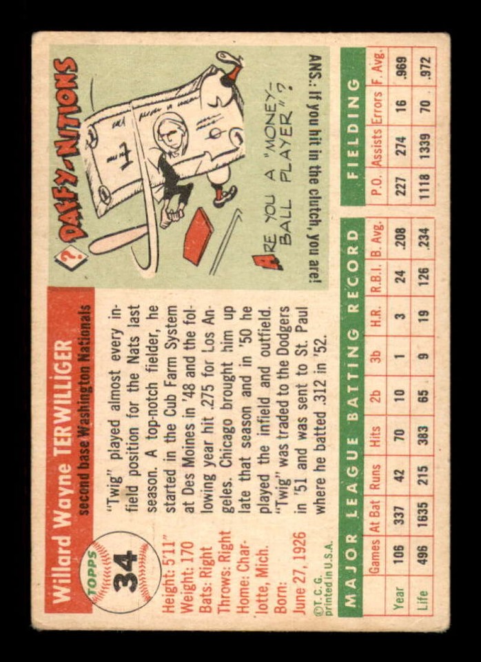 1955 Topps #34 Wayne Terwilliger GVG Senators 550005 | eBay