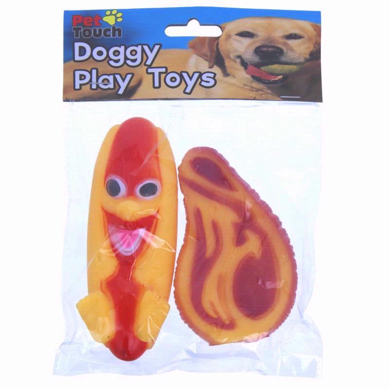 RUBBER DOG CHEW PUPPY PLAY TOY MEAT STEAK SAUSAGE SQUEAKY STRONG TOUGH ...