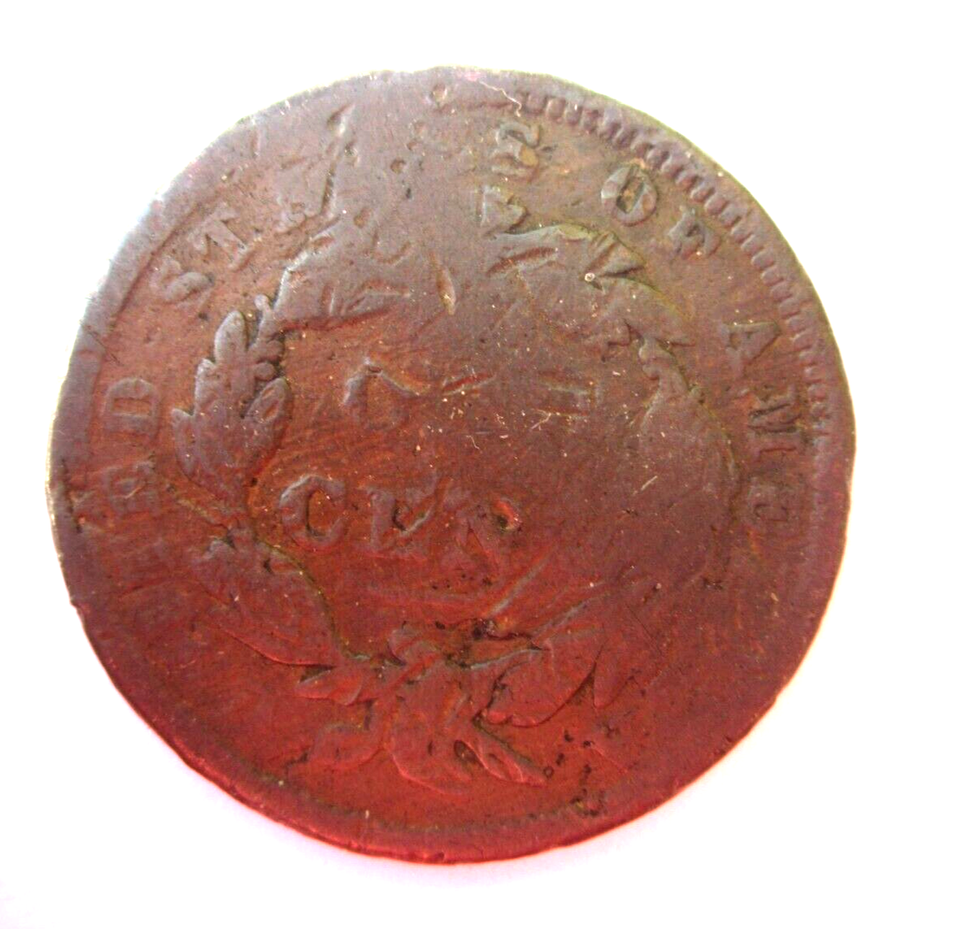 1838 LARGE CENT COPPER PENNY 1C CORONET HEAD RARE COUNTERSTAMPED C.C ...