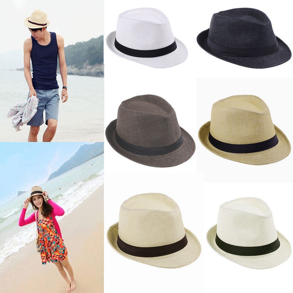 Straw Fedora Hat Trilby Cuban Cap Summer Beach Sun Panama Short Brim ...