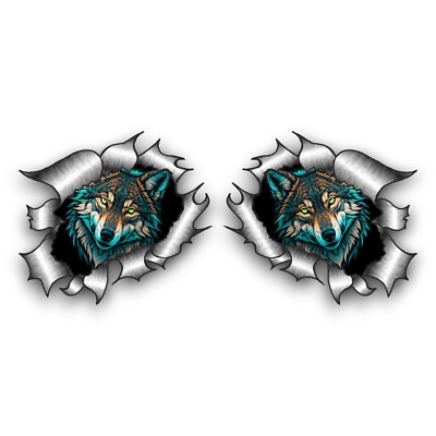 2x Small Beautiful Blue Wolf Face Ripped Metal Vinyl Sticker Decals ...