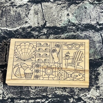 Outlines Rubber Stamp Co.beach Rubber Stamp Wood Fish Shells Ball | eBay