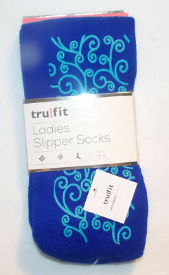 Tru Fit Ladies Slipper Sock Non Slip Grips L.Blue Snowswirls Blue 9-11 ...
