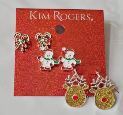 Kim Rogers 3 Pair Earrings Candy Canes Reindeer Snowman Holiday NEW | eBay