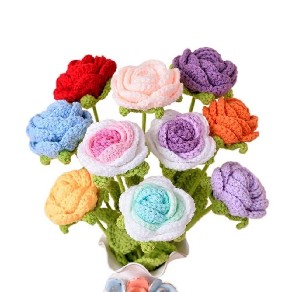 10pcs Handmade Crochet Rose Desktop Decor Flowers Hand-knitted Flower ...