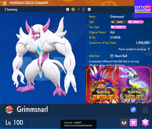 Pokemon Scarlet/Violet SHINY GRIMMSNARL Lv100 Adamant 6IV Pickpocket ...
