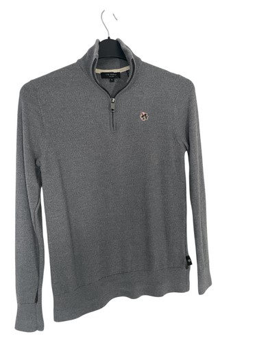 Ted Baker Grey 1/4 Zip Jumper Size 3 Wool Knit Funnel Neck Logo Crest ...