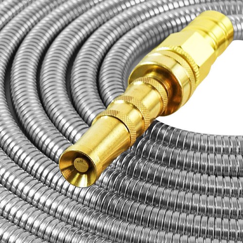 25FT Stainless Steel Metal Garden Water Hose w/Brass Nozzle Flexible ...