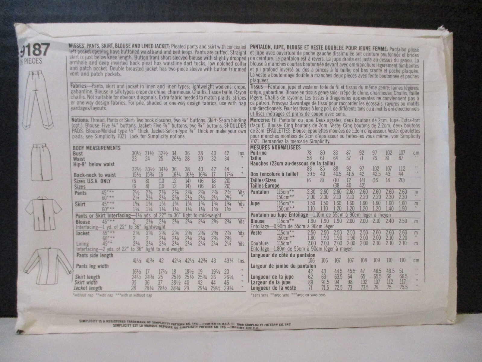 Simplicity Pattern 9187 Misses Pants Skirt Blouse Jacket Size 16-18-20 ...