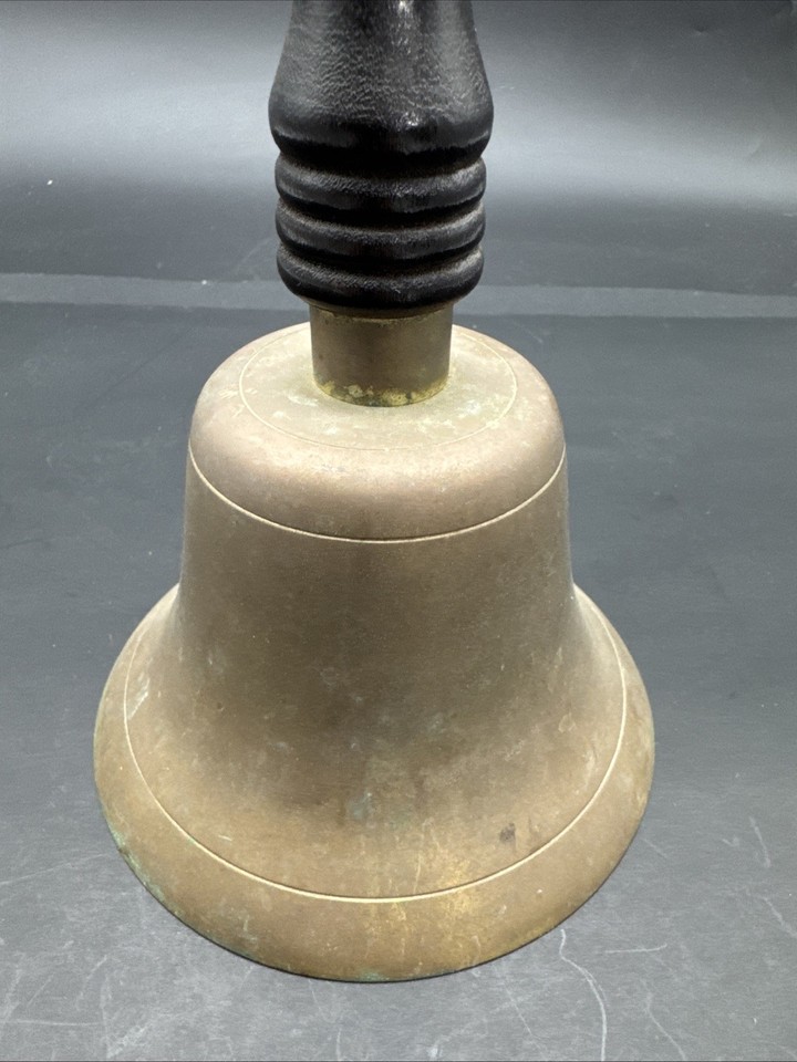 Antique Large Brass Hand Held Teacher School Bell 11.5” Wooden Handle ...