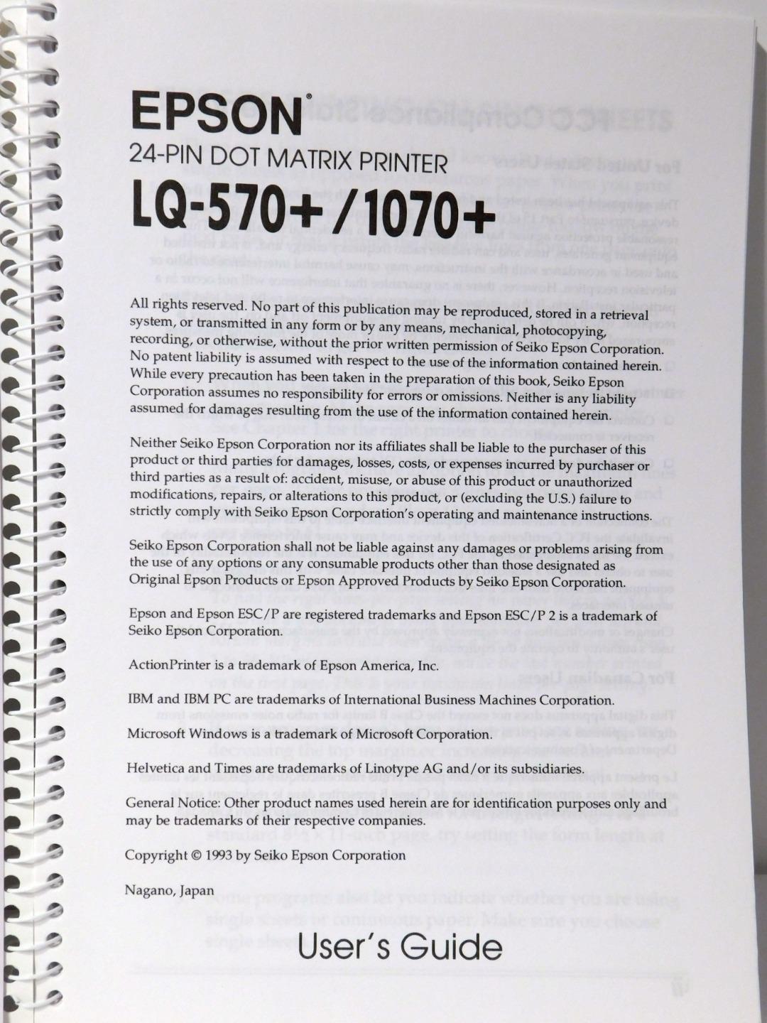 Epson User's Guide LQ-570+/1070+ Manual for 24-Pin Dot Matrix Printer ...