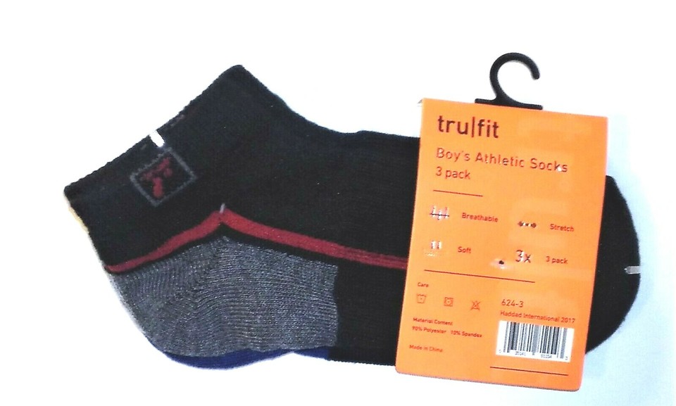 Tru Fit Boys 3pk Athletic Ankle Socks Stretch WickDRY Socks Size 4-6.5 ...